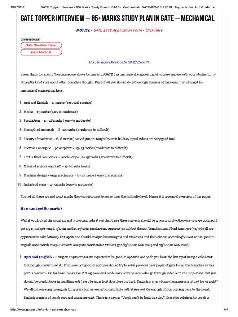 GATE Mechanical Topper Study Plan 2018 | PDF | Engineering | Mechanical ...