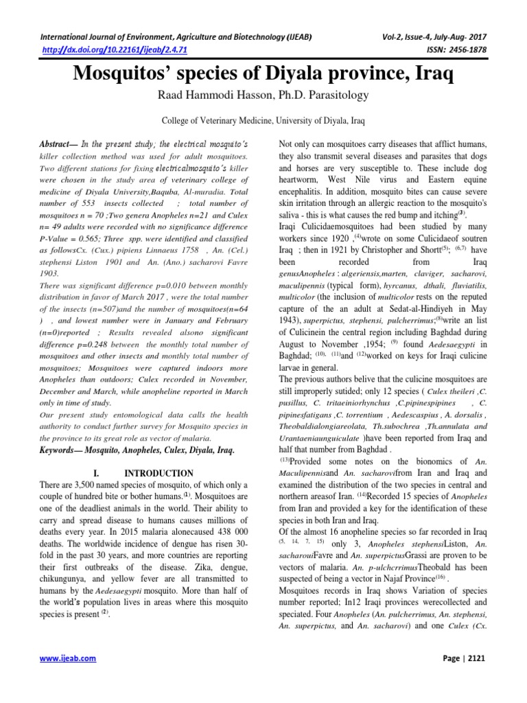 Mosquitos' Species of Diyala Province, Iraq | PDF | Mosquito | Insects