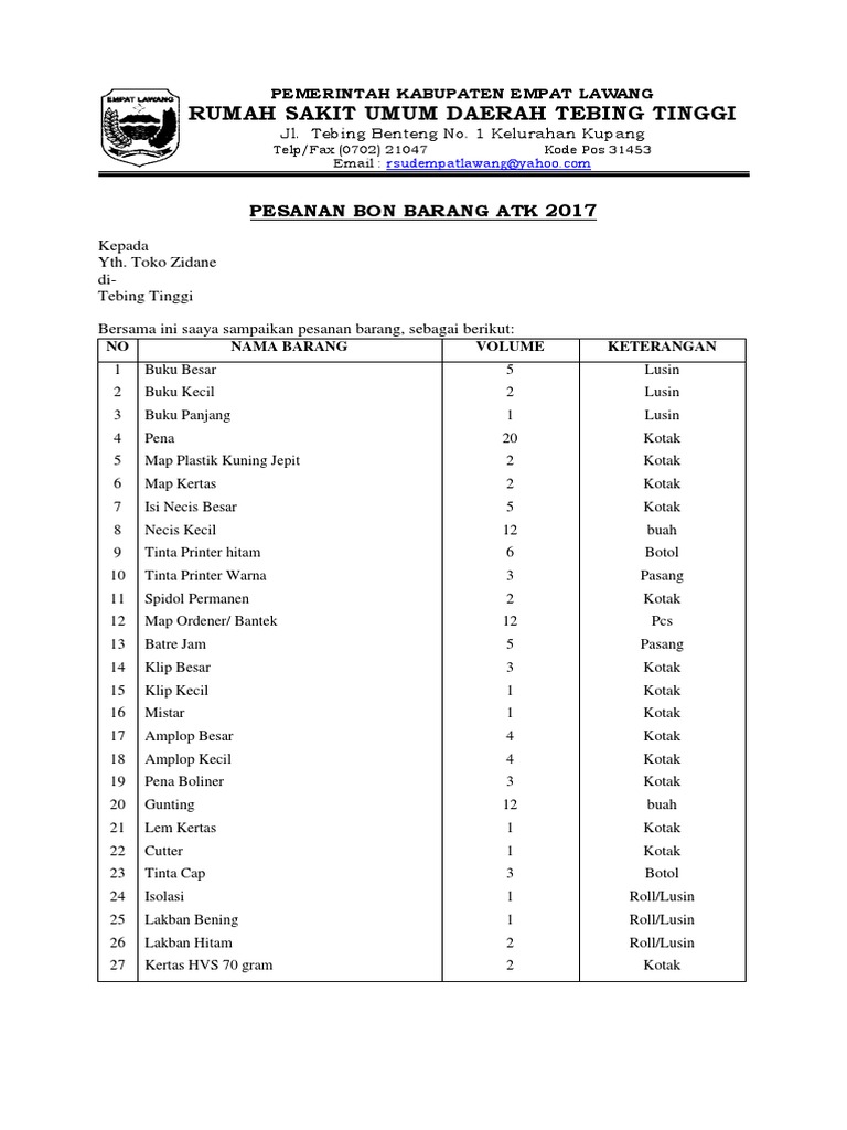 Pesanan ATK RSUD Tebing Tinggi 2017 | PDF