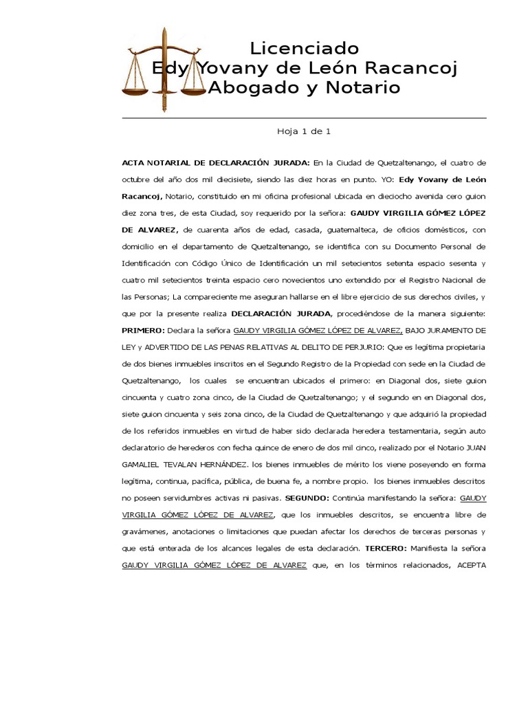 Acta Notarial Declaracion Jurada Propiedad Inmueble | PDF | Propiedad | Virtud