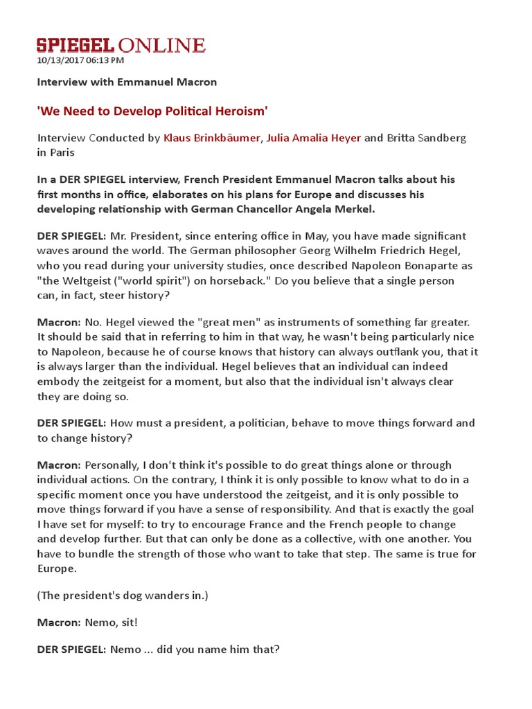 Interview With Emmanuel Macron - 'We Need To Develop Political Heroism ...