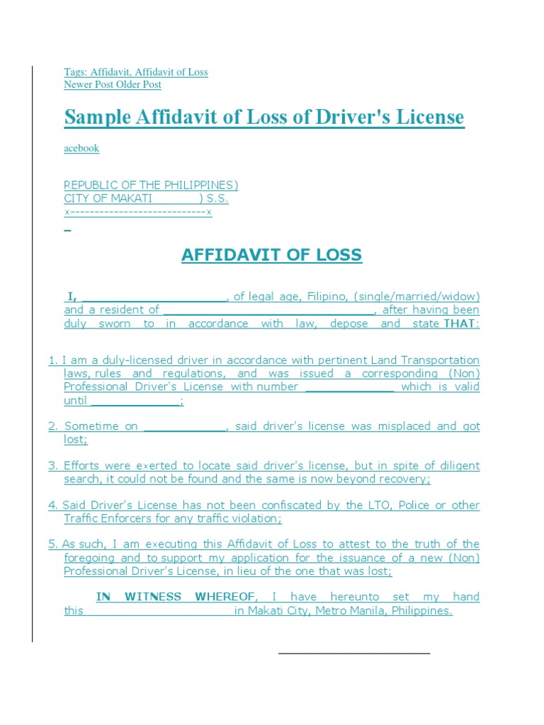 Sample Affidavit of Loss of Driver's License | PDF | Finance & Money ...