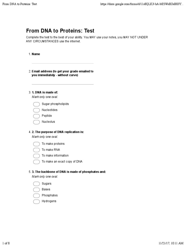 From Dna To Proteins - Test | PDF | Translation (Biology) | Dna