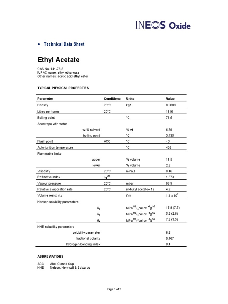 Ethyl Acetate: - Technical Data Sheet | PDF | Acetic Acid | Solubility