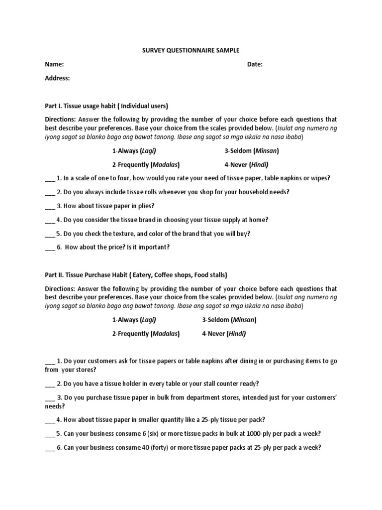 Survey Questionnaire Sample | Paper | Survey Methodology