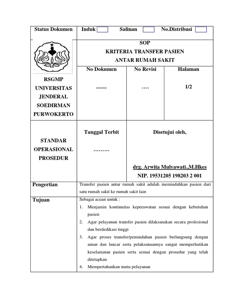 SOP Kriteria Transfer Pasien | PDF | Sains & Matematika