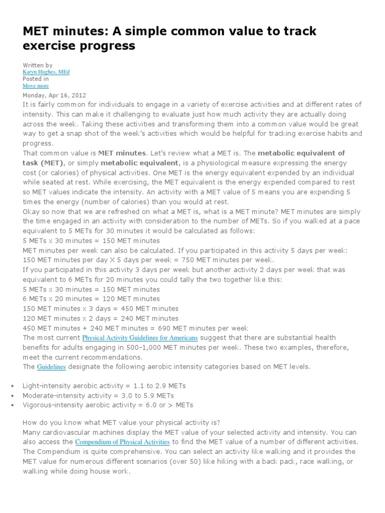 MET Minutes: A Simple Common Value To Track Exercise Progress ...