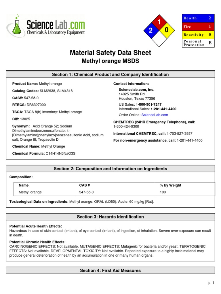 MSDS Methyl Orange PDF | PDF | Toxicity | Solubility