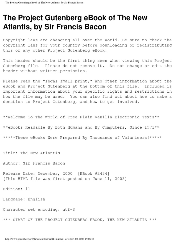 The Project Gutenberg Ebook of The New Atlantis, by Sir Francis Bacon ...