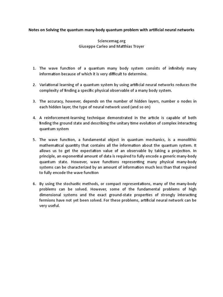 Neural Networks for Quantum Many-Body Problems | PDF