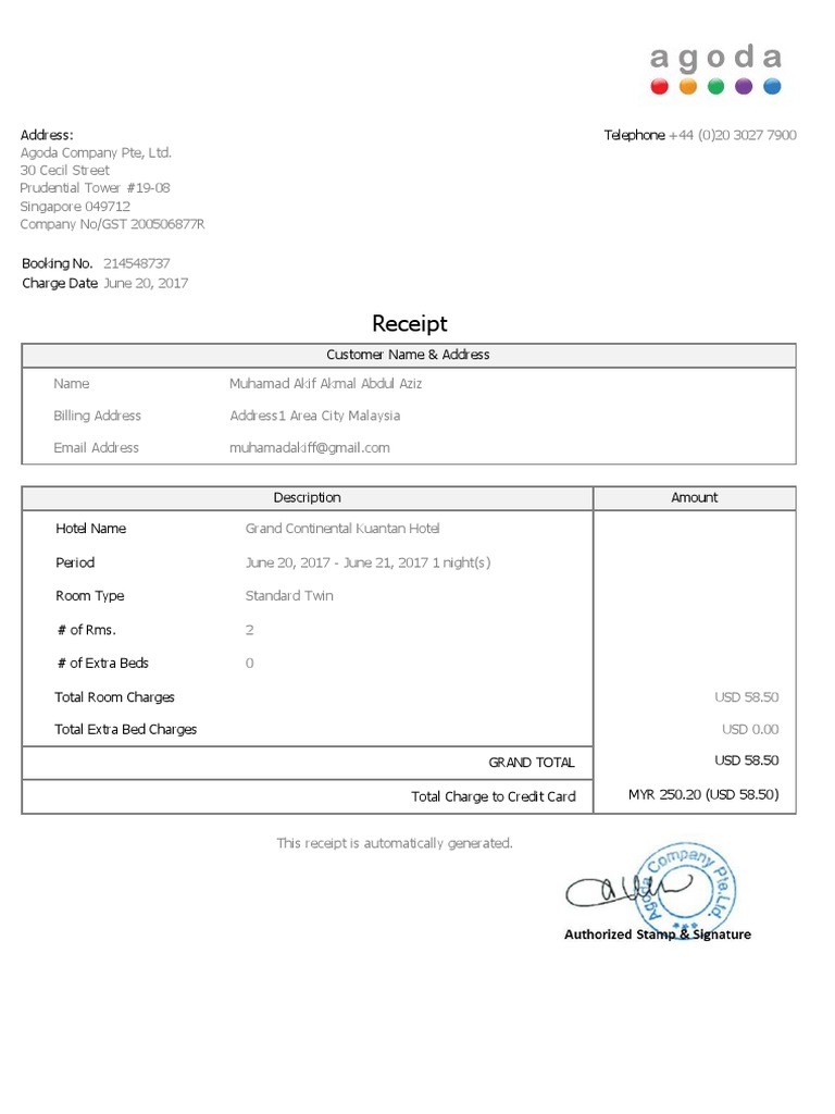 Agoda Booking ID 214548737 - RECEIPT Enclosed | PDF