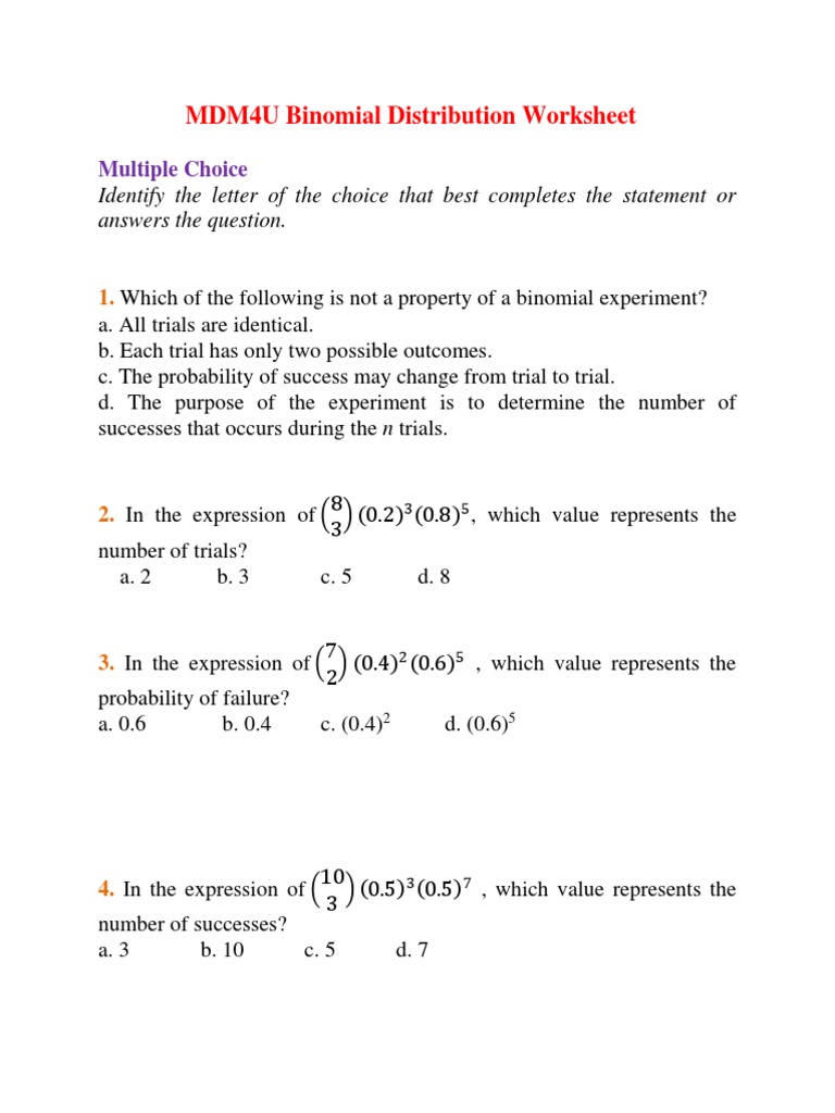 MDM4U Binomial Distributions Worksheet | PDF | Expected Value | Probability MDM4U Binomial Distributions Worksheet | PDF | Expected Value | Probability