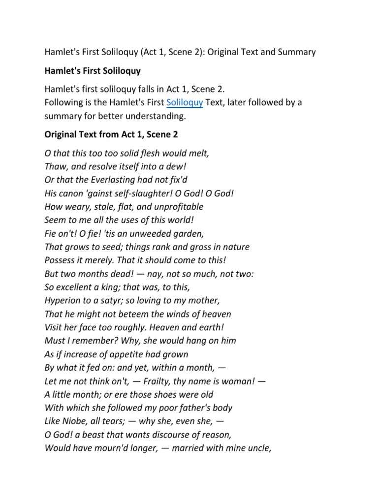 Hamlet's First Soliloquy (Act 1, Scene 2) : Original Text and Summary | PDF