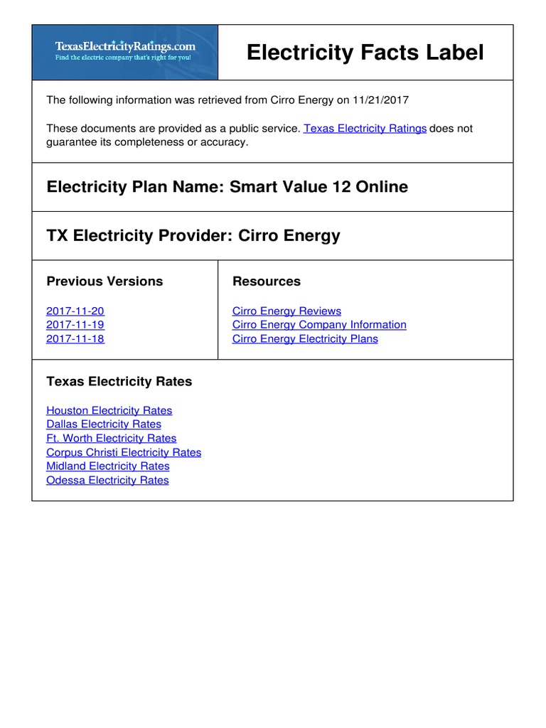 Electricity Facts Label - Cirro Energy - Smart Value 12 - Centerpoint ...
