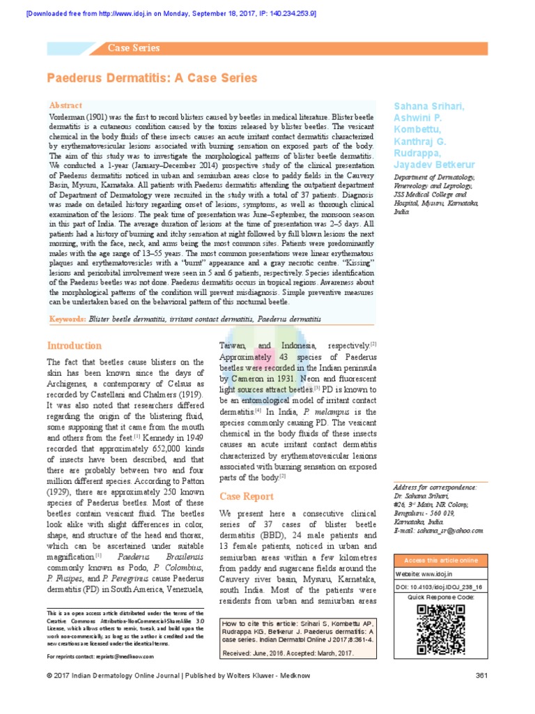 Paederus Dermatitis: A Case Series | PDF | Cutaneous Conditions ...