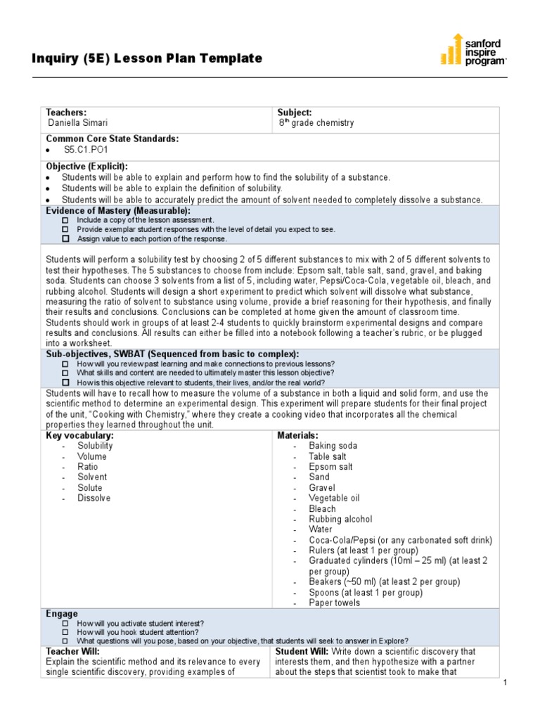 Inquiry (5E) Lesson Plan Template | PDF | Solution | Experiment