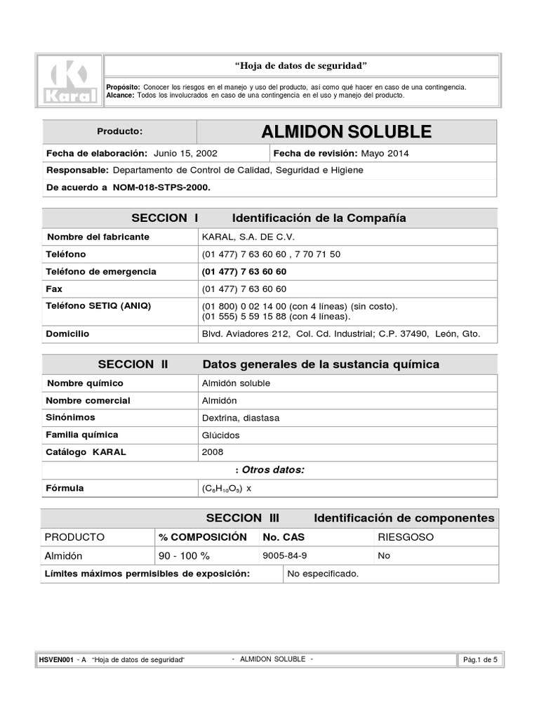 Hoja de Seguridad: Almidón Soluble | PDF | Combustión | Agua