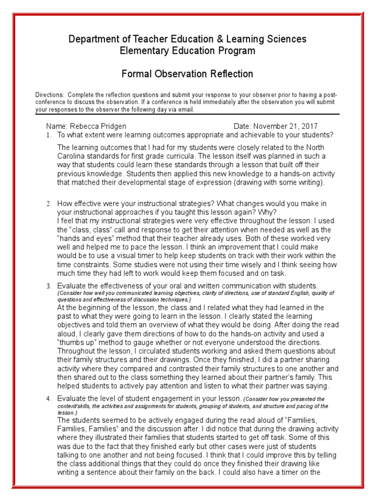 Postobservationreflection | PDF | Classroom Management | Teachers
