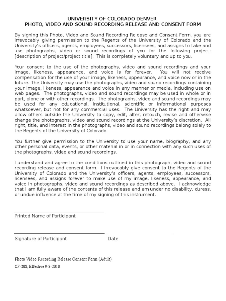 Photo Video Recording Release Consent Form Adult | PDF | Photograph ...
