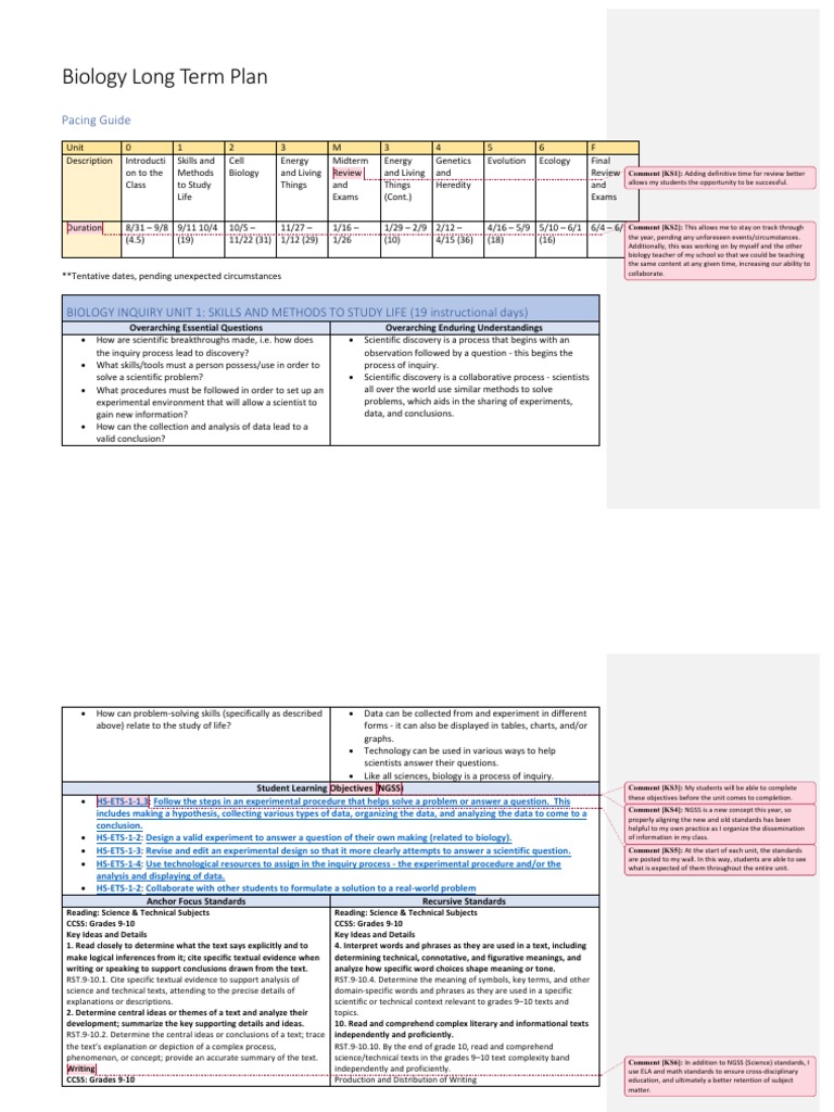 Biology Long Term Plan: Pacing Guide | PDF | Cellular Respiration ...