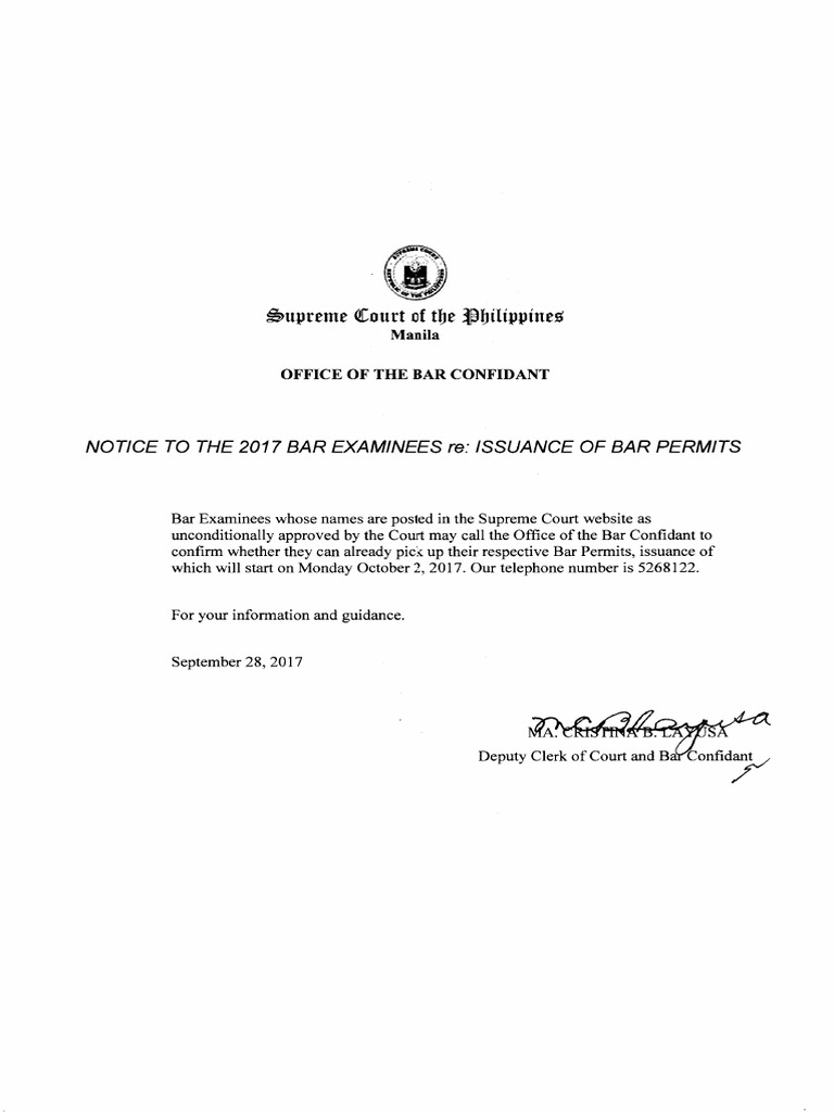 Qcourt of Tbe: Notice To The 2017 Bar Examinees Issuance of Bar Permits ...