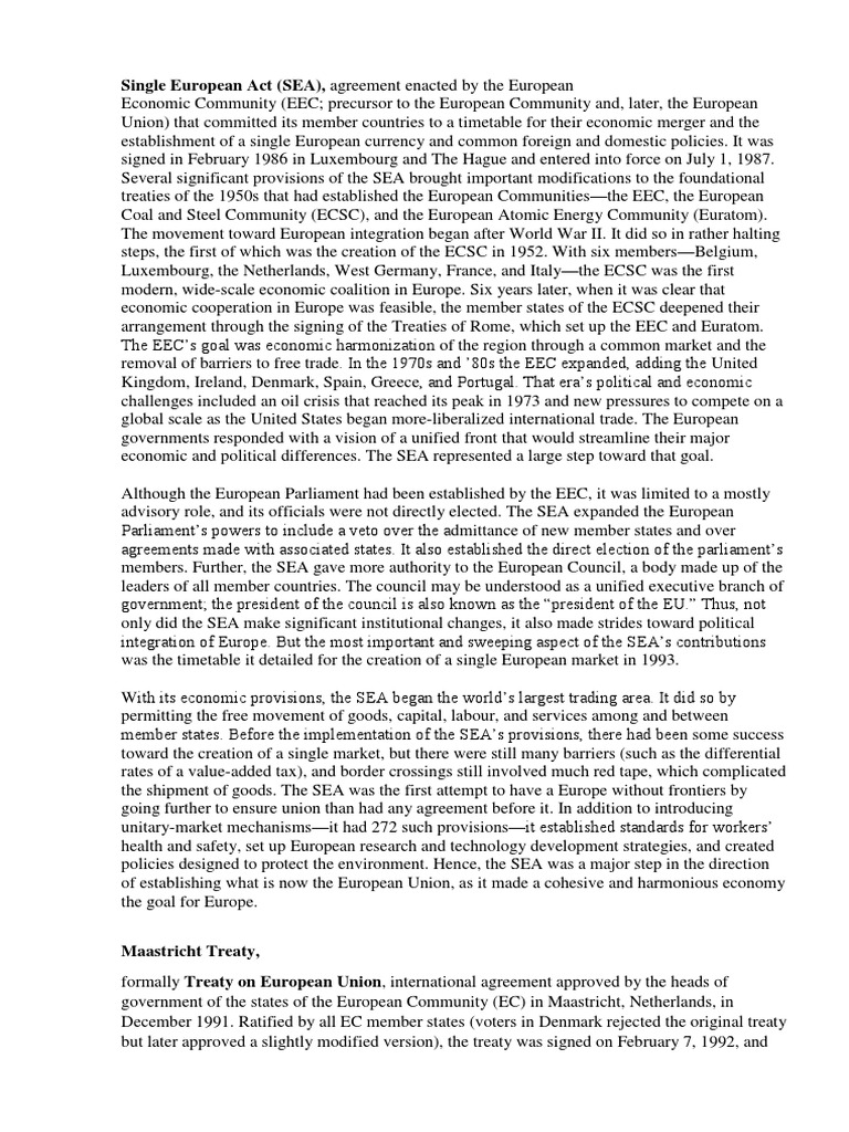Single European Act (SEA), Agreement Enacted by The European | PDF ...