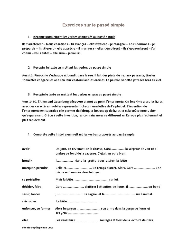 Le Passé Simple - Exercices | PDF | Impression | Loisirs