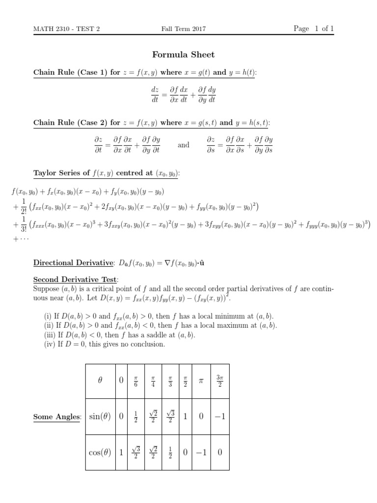 Formula Sheet: MATH 2310 - TEST 2 Fall Term 2017 | PDF | Theoretical ...