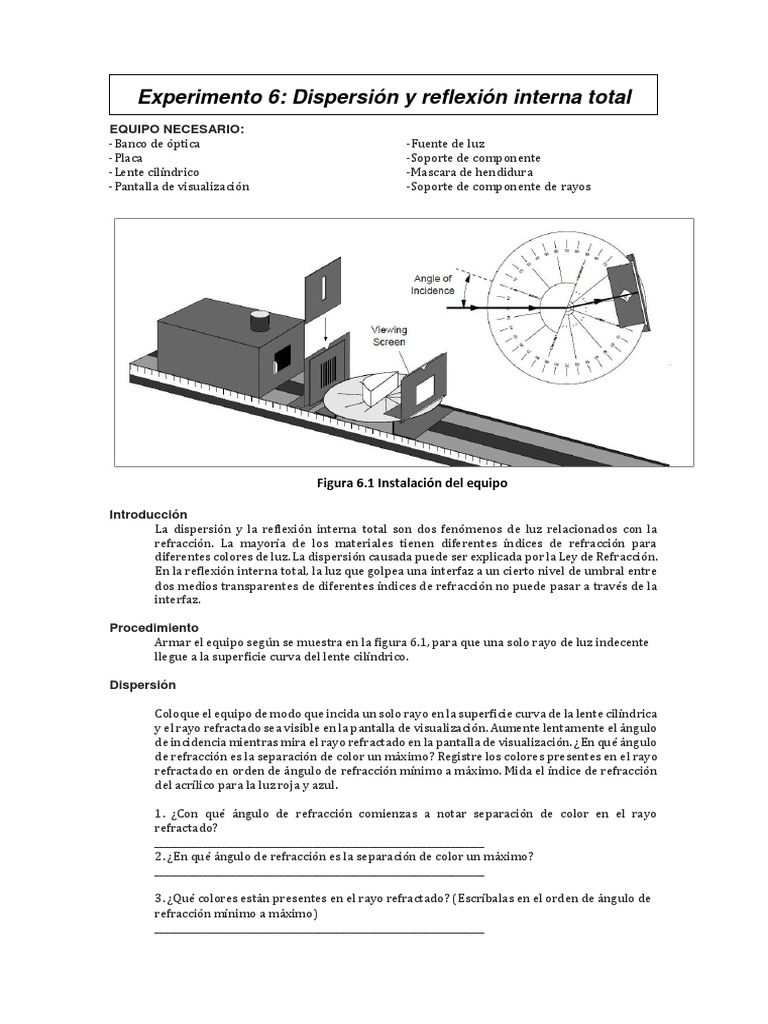 Experimento 6: Dispersión y Reflexión Interna Total | PDF | Refracción ...