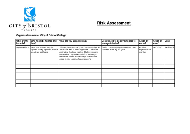 Risk Assessment: Organisation Name: City of Bristol College | PDF
