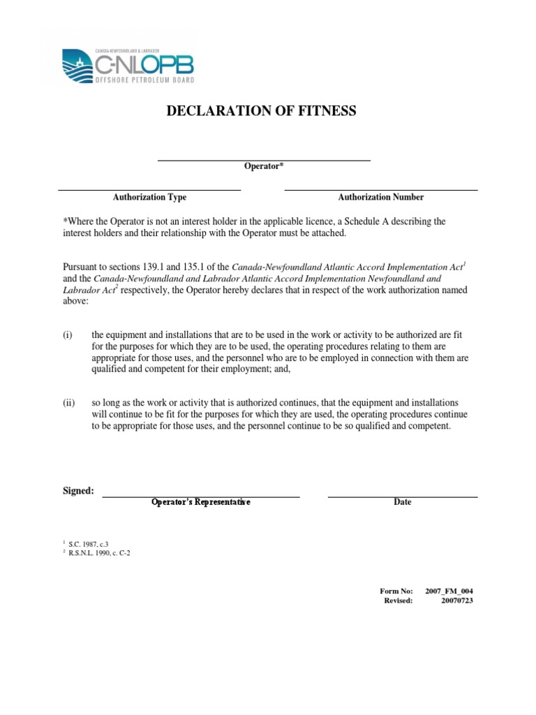 Declaration of Fitness: Operator | PDF