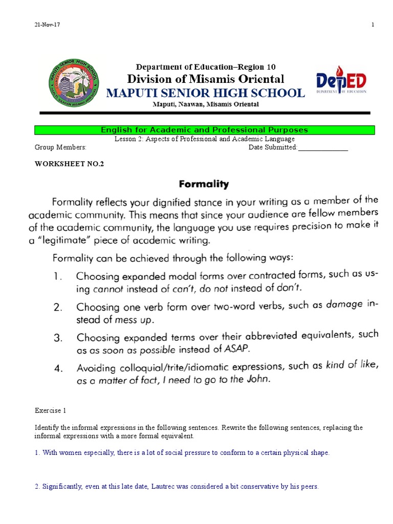 Lesson 2.1-Formality Worksheet | PDF