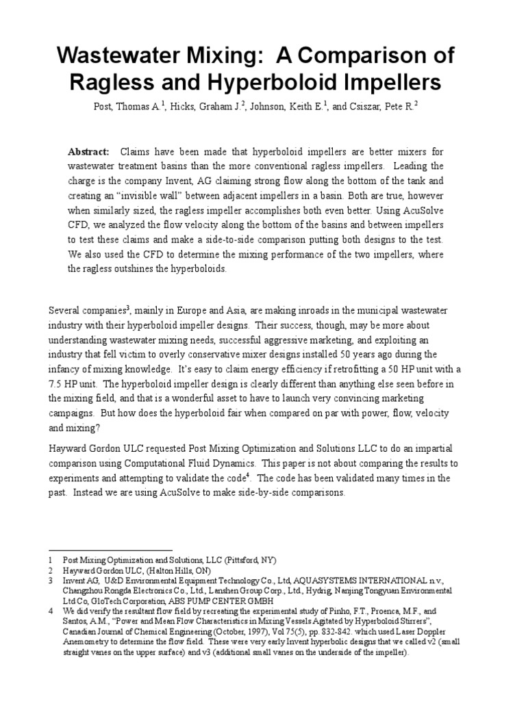 White Paper Comparison of Ragless Hyperboloid Mixing Impellers | PDF ...