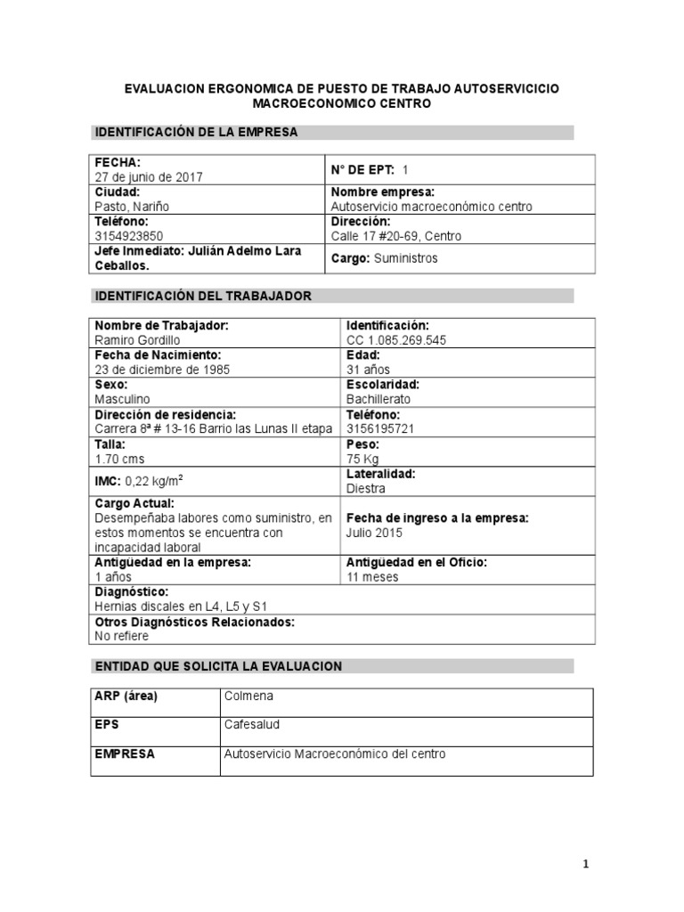 Evaluación Ergonómica: Ramiro Gordillo | PDF | Bipedalismo | Dolor lumbar
