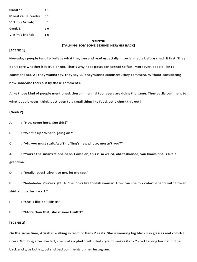 Nyinyir (Talking Someone Behind Her/His Back) (SCENE 1) | PDF | Leisure