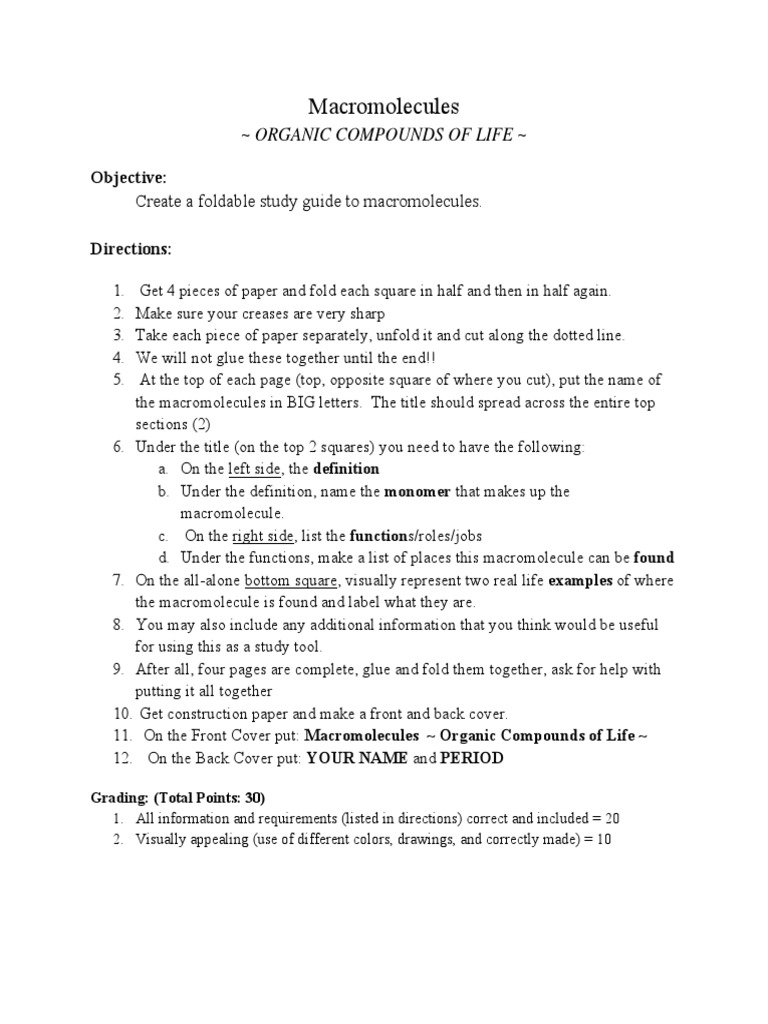 Organic Compounds of Life Activity Foldable 2017 | PDF
