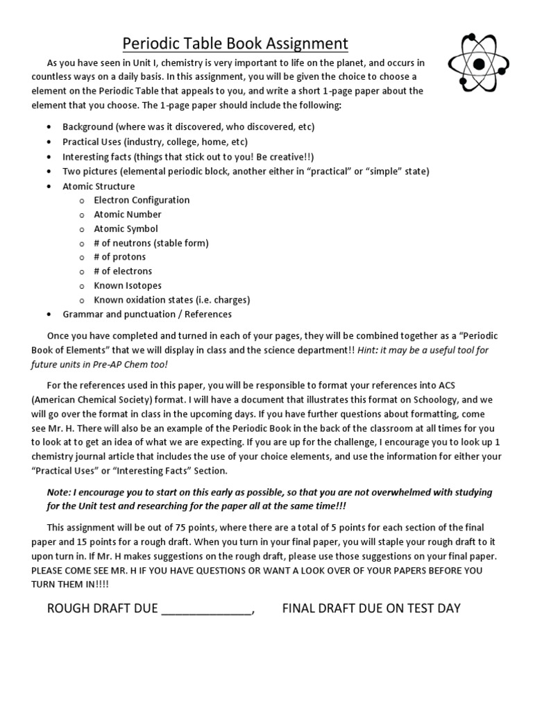 Periodic Table Book Assignment Criteria | PDF | Chemical Elements ...