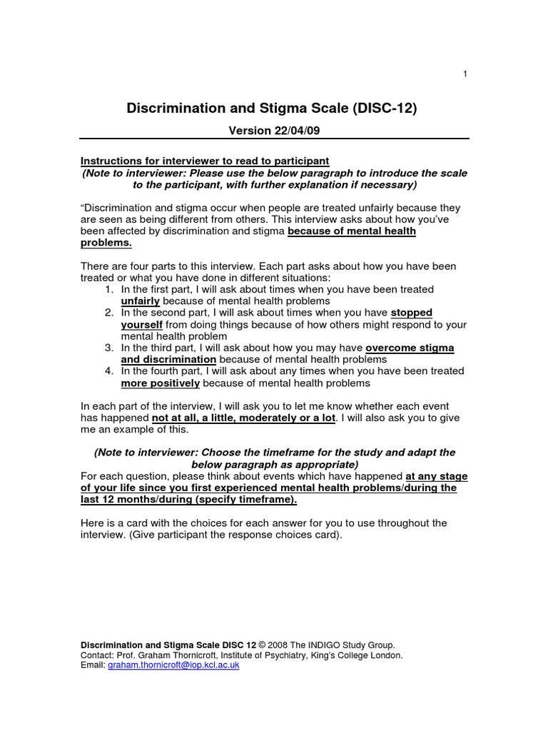 Discrimination and Stigma Scale PDF | Social Stigma | Mental Health