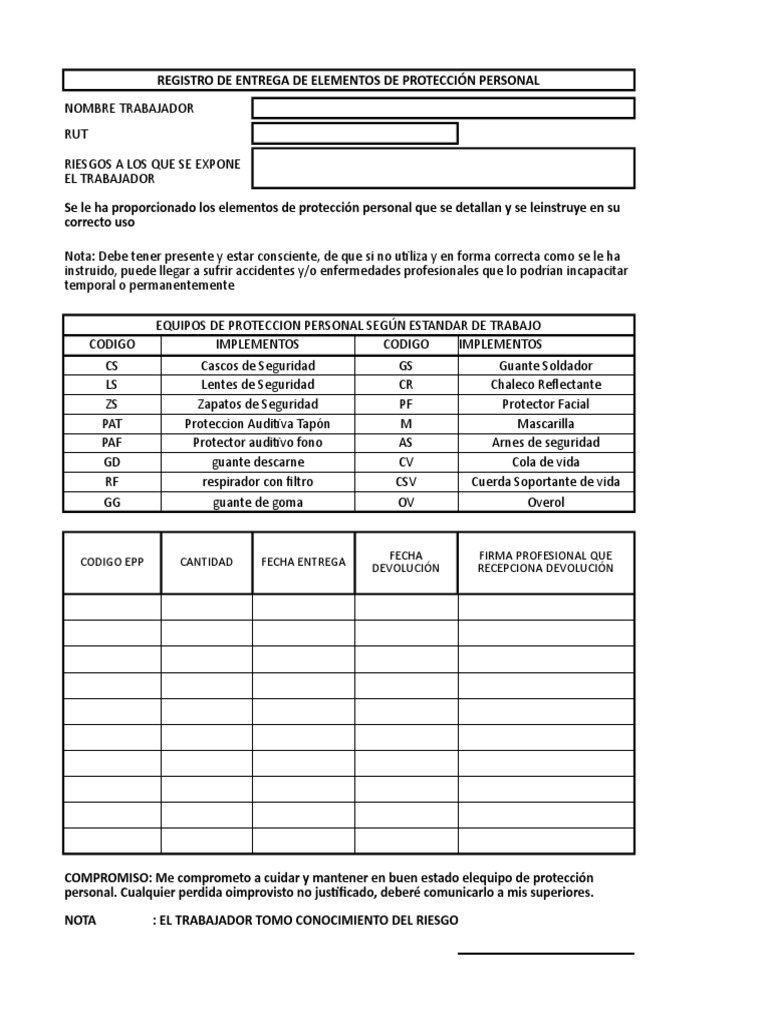 Planilla Entrega de Elementos de Proteccion Personal | PDF