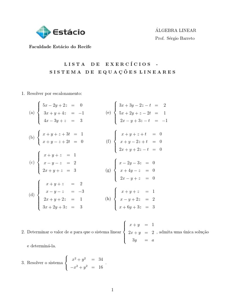 3° Lista de Exercícios - Sistemas Lineares | PDF