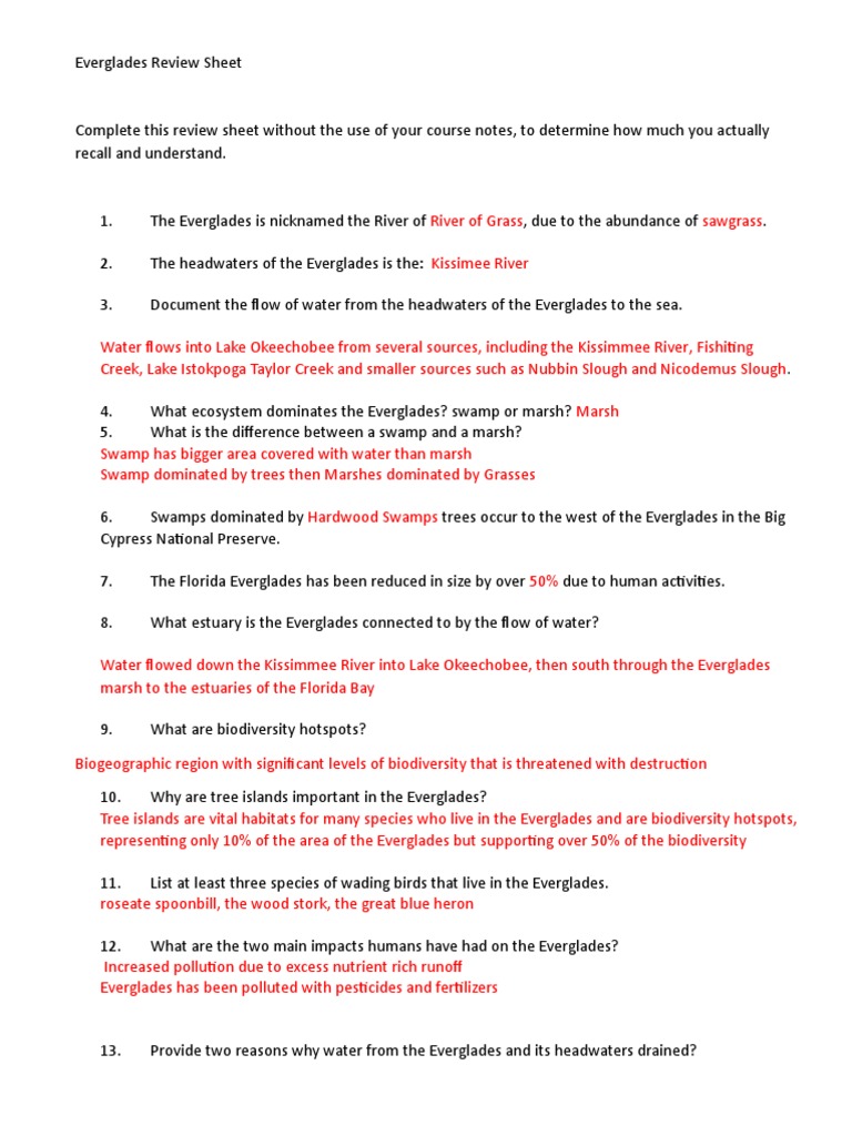 Unit 4 Lesson 6 Everglades Review Worksheet | PDF | Everglades ...