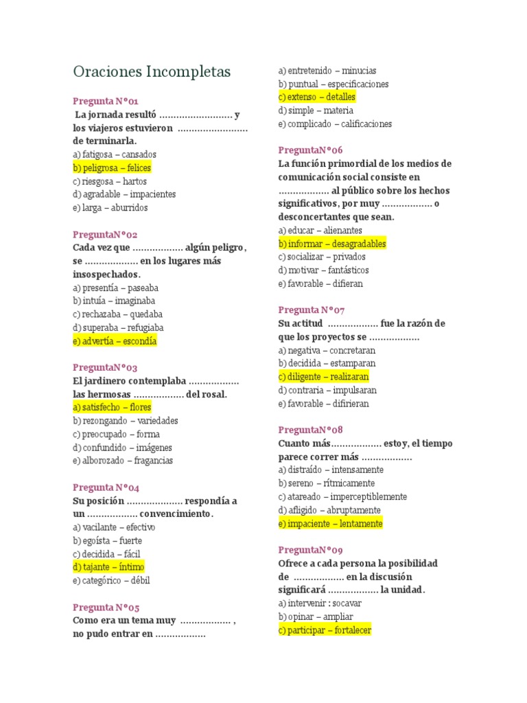 Oraciones Incompletas RV - SEM 8 | PDF | Hogar, jardinería y bricolaje