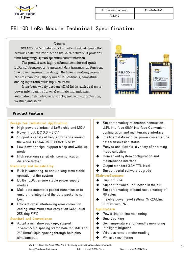 F8L10D LoRa Module Overview | PDF | Data Transmission | Power Supply