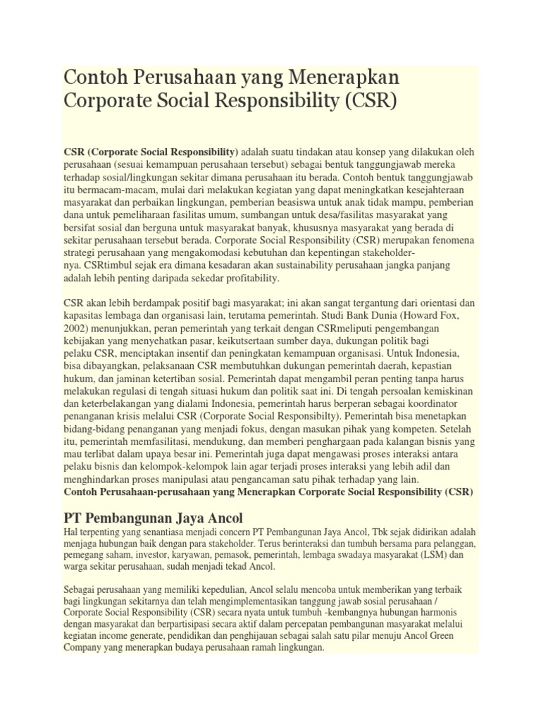 Contoh Perusahaan Yang Menerapkan Corporate Social Responsibility | PDF