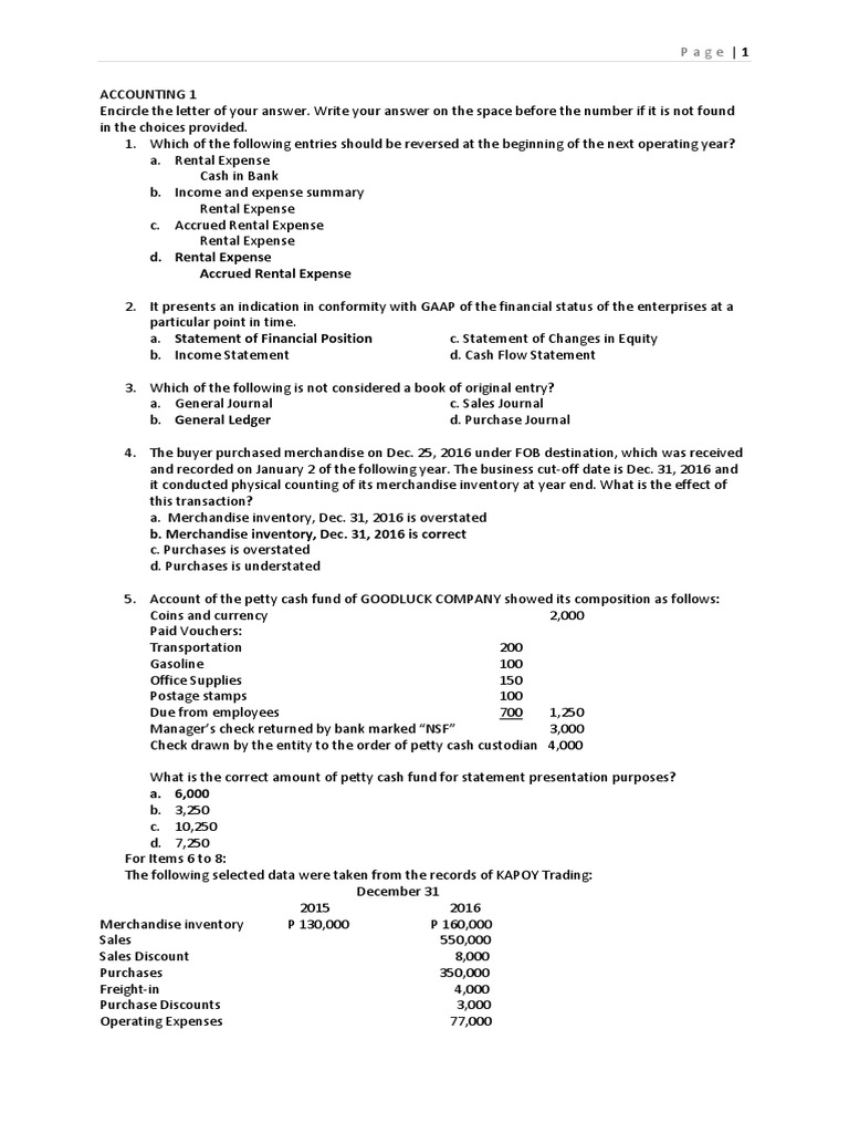 Accounting 1 Pretest | PDF | Debits And Credits | Financial Accounting