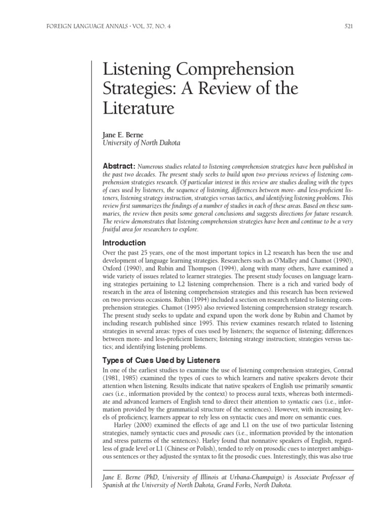 Listening Comprehension Strategies Literature Review (ACTFL FL Annals ...