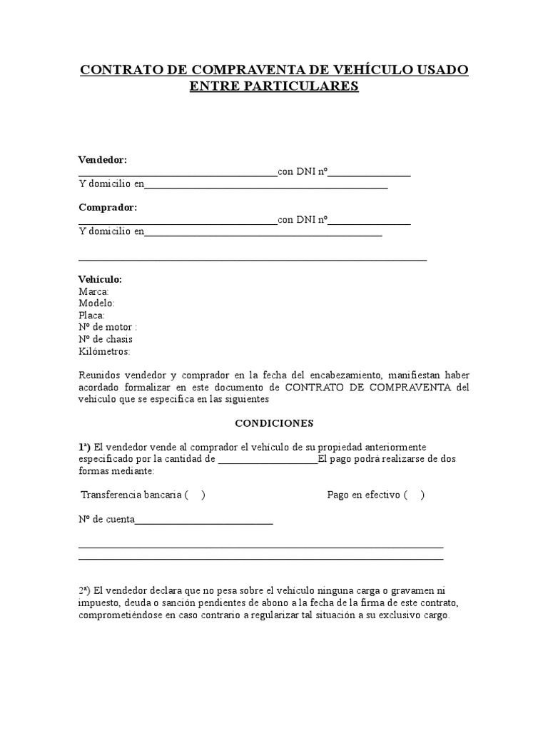 Contrato de Compraventa de Vehículo Usado Entre Particulares | PDF ...