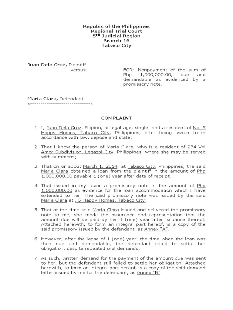 Complaint for Loan Nonpayment | PDF | Public Law | Virtue