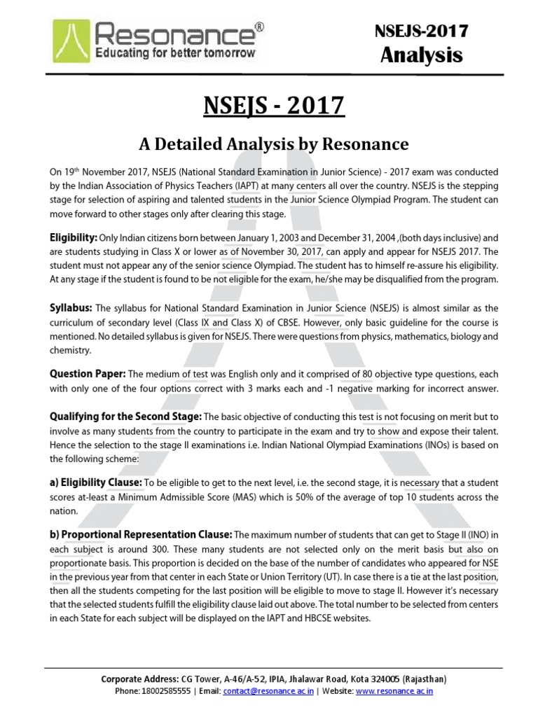 Detailed Analysis of Nsejs 2017 by Resonance | PDF | Chemical Reactions ...