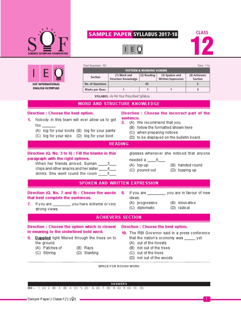 2017 Ieo Level 1 Sample Paper Class-12 | PDF | Test (Assessment ...